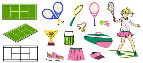 테니스 만화 요소 잔디밭 공 라켓 운동화 컵이 있는 녹색 들판 여자 운동선수 스포츠 장비 세트 경쟁 법원 및 취미 또는 전문 게임 벡터 고립 된 그림 가방에 대한 스톡 벡터