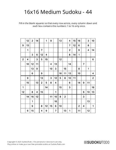 16x16 Medium Sudoku Puzzles Printable