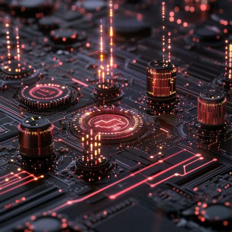 A Close Up Of A Futuristic Circuit Board Featuring Glowing Red Components And Intricate