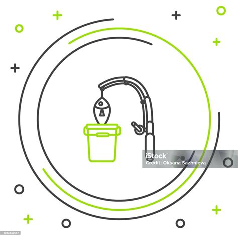 흰색 배경에 고립 된 검은 색과 녹색 라인 낚싯대와 물고기 아이콘 물고기를 양동이에 넣습니다 낚시 장비 및 물고기 양식 주제 다채로운 개요 개념 벡터 일러스트레이션 낚시에