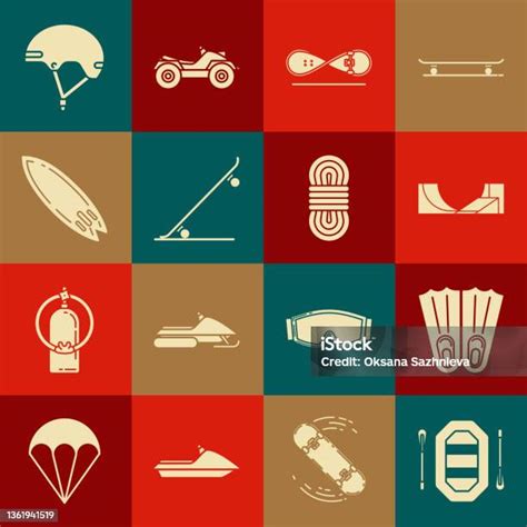래프팅 보트 수영용 고무 오리발 스케이트 보드 트릭 서핑 보드 헬멧 및 클라이머 로프 아이콘을 설정합니다 벡터 겨울에 대한 스톡 벡터 아트 및 기타 이미지 Istock