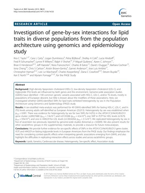 Pdf Investigation Of Gene By Sex Interactions For Lipid Traits In Diverse Populations From The