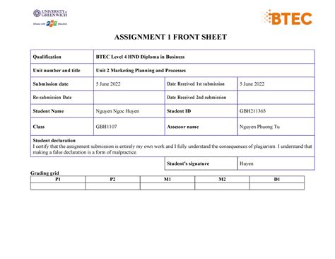 Bài Tập 5033 Assignment 1 Frontsheet Assignment 1 Front Sheet Qualification Btec Level 4 Hnd