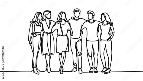 Simple One Line Drawing Group Of Friends Standing Together