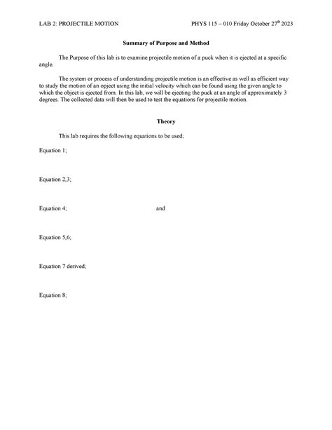 Phys Pre Lab Physics Pre Lab For Just Add The Equations LAB PROJECTILE MOTION
