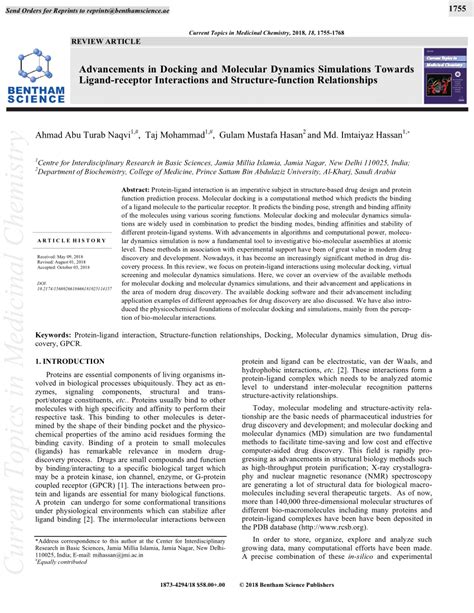 Pdf Advancements In Docking And Molecular Dynamics Simulations Towards Ligand Receptor