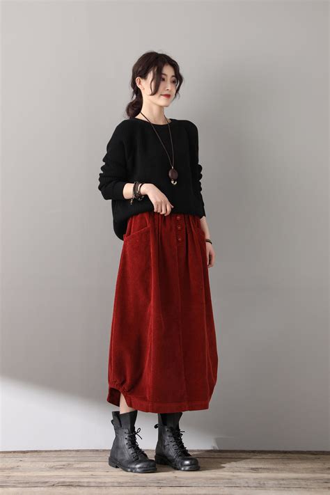 Corduroy Skirt Handmade Women Midi Skirt Autumn Winter Corduroy Skirt