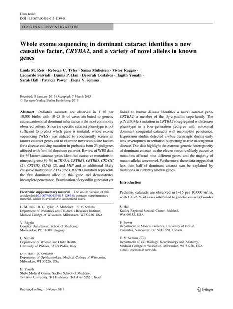 Pdf Whole Exome Sequencing In Dominant Cataract Identifies A New Causative Factor Cryba2 And