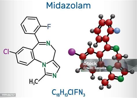 미다졸람 분자 완화 항 경련제 최면 근육 이완제 진정제 기억 상실 특성을 가진 단기 약물입니다 구조 화학 공식 및 분자 모델 Midazolam에 대한 스톡 벡터 아트 및