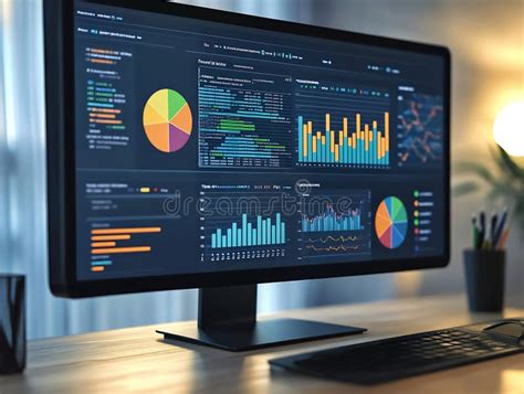Computer Monitor Displaying Various Graphs And Charts On A Wooden Desk Surface Stock
