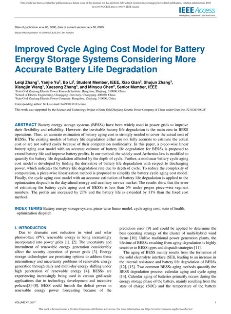 Pdf Improved Cycle Aging Cost Model For Battery Energy Storage Systems Considering More