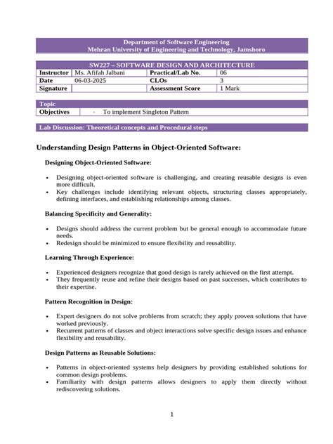 Lab06 Singleton Design Pattern Pdf Class Computer Programming