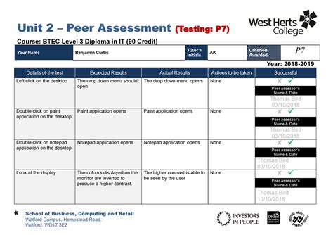 Assignment 5 Peer Marking Sheet Unit 2 Testing P7 Unit 2 Peer Assessment Testing P 7