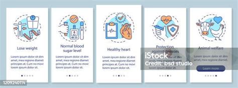 선형 개념으로 모바일 앱 페이지 화면에 온보딩하는 비건 혜택 채식 주의 라이프 스타일 장점 연습 단계 그래픽 지침 Ux Ui