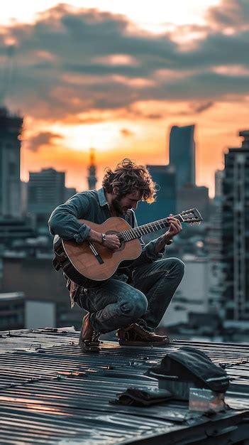 A Musician Practicing On Rooftop With City Skyline At Sunset Premium