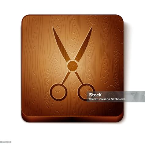 갈색 가위 미용사 아이콘 흰색 배경에 격리 미용사 패션 살롱과 이발소 이발소 기호입니다 나무 사각형 버튼입니다 벡터 일러스트레이션 가위에 대한 스톡 벡터 아트 및 기타