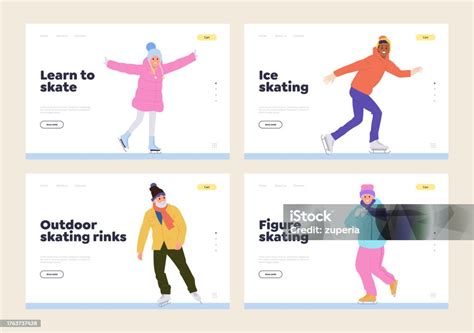 아이스 스케이팅을 즐기는 행복한 성인과 어린이가 있는 랜딩 페이지 디자인 템플릿 세트 가정 생활에 대한 스톡 벡터 아트 및 기타