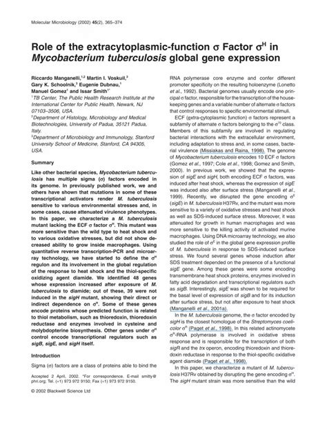 Pdf Role Of The Extracytoplasmic Function Sigma Factor Sigmah In Mycobacterium Tuberculosis
