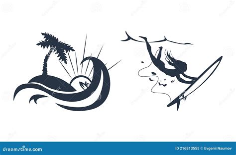 Black Surfing Silhouette With Waves And Girl With Surfboard Vector Set