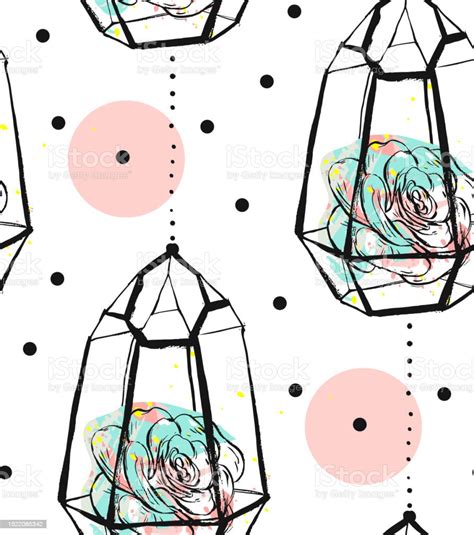 손으로 그린된 벡터 추상 원활한 패턴 거친 테라 리 움 땡 텍스처와 파스텔 색상 흰색 Bakground에 고립에서 즙이 많은 식물입니다 장식 패션 원단 포장 디자인 0명에