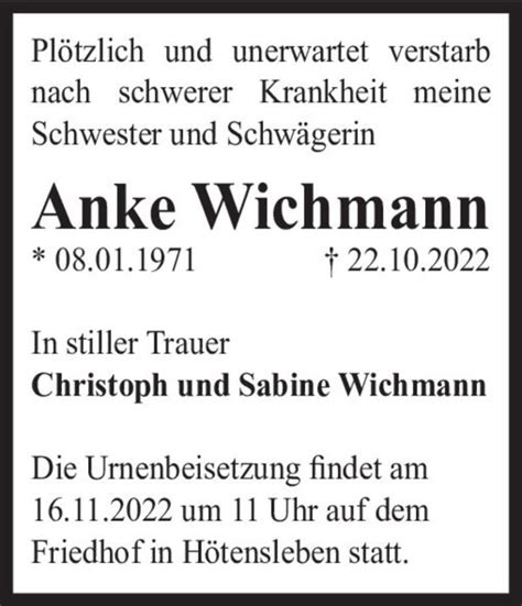 Traueranzeigen Von Anke Wichmann Abschied Nehmende