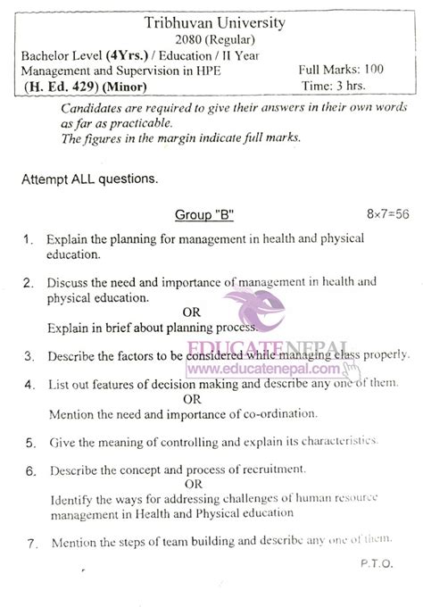 Tu 4 Yrs B Ed 2nd Year Management And Supervision In Hpe Exam Questions