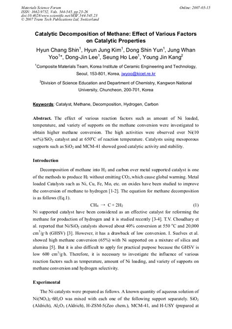 Catalytic Decomposition Of Methane Effect Of Various Factors On Catalytic Properties