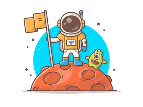 귀여운 외계인 일러스트와 함께 달에 플래그를 들고 귀여운 우주 비행사 프리미엄 벡터