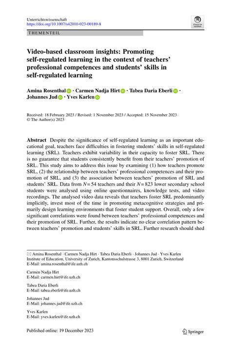 Pdf Video Based Classroom Insights Promoting Self Regulated Learning In The Context Of