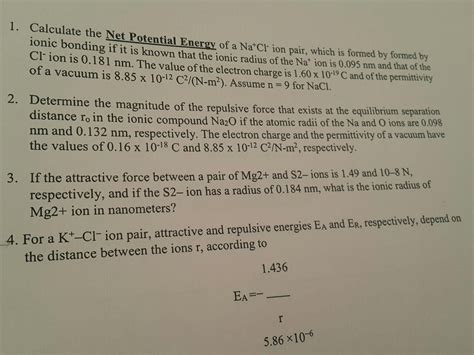 solved calculate the net potential energy of a na cl ion
