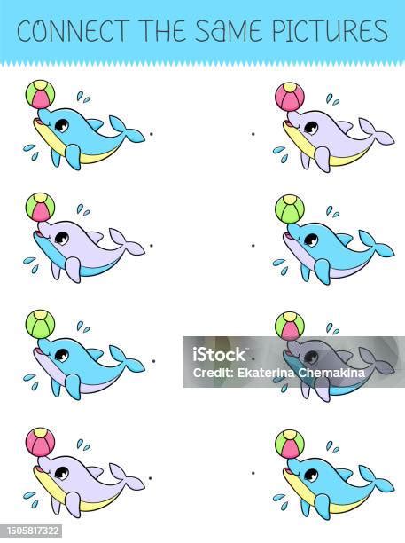 만화 돌고래와 같은 그림 게임을 연결하십시오 귀여운 돌고래와 함께하는 어린이 게임 벡터 그림입니다 공 스포츠 장비에 대한 스톡 벡터 아트 및 기타 이미지 Istock