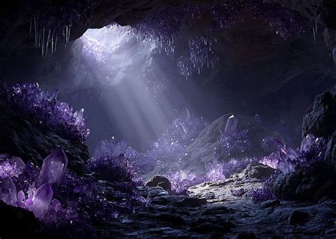 Amethyst Geode Cave Glowing With Crystal Formations And Light Beam