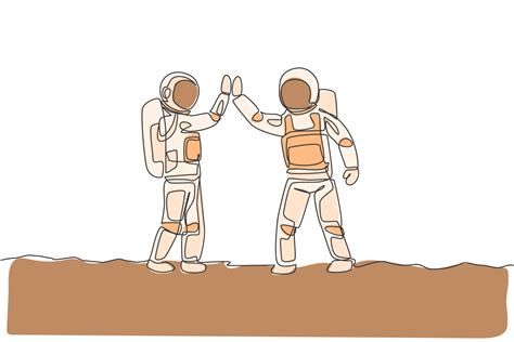 One Single Line Drawing Of Two Young Happy Astronauts Gave High Five While Meeting On The Street