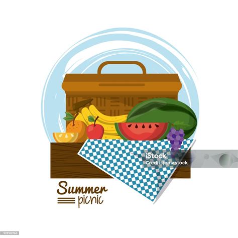 열 대 과일 식탁보에 테이블에 피크닉 바구니와 함께 화려한 로고 여름 피크닉 공원에 대한 스톡 벡터 아트 및 기타 이미지 공원 공휴일 과일 Istock