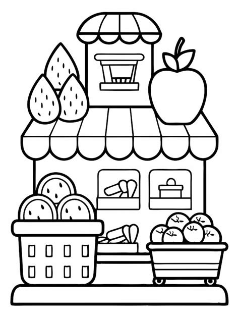 터 디자인으로 어린이와 성인을 위한 슈퍼마켓 컬러링 책 페이지 프리미엄 벡터