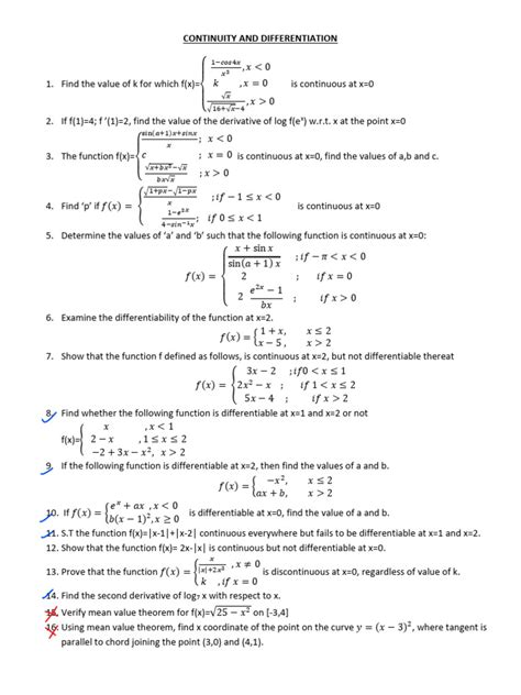 Continuity And Differentiation Extra Questions Pdf Mathematical
