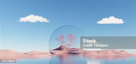 초현실적 인 아름 다운 꿈의 땅 배경입니다 기하학적 아치가 있는 겨울 시즌 풍경의 추상 모래 언덕 물과 자연 흐린 하늘이 있는 환상의 섬 풍경 금속 거울 아치3d 렌더링