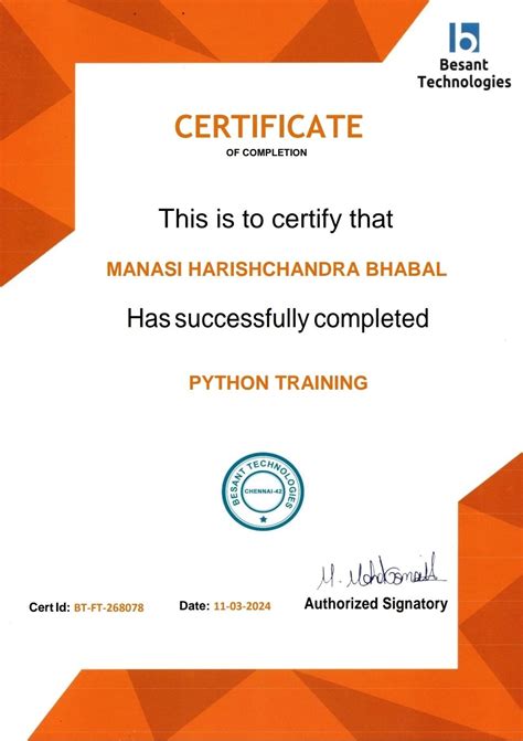 Completed Python Training At Besant Technologies Manasi Bhabal Posted