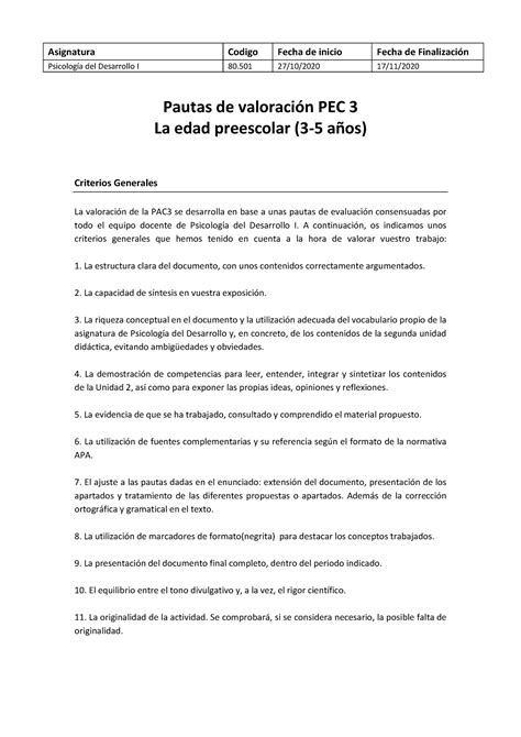 Pec3 Feedback Psicología Del Desarrollo I 80 27102020 1711 Pautas De Valoración Pec 3 La