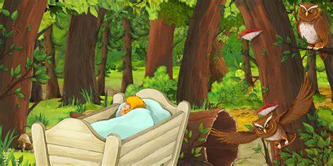 올빼미를 날고 있는 숲 근처의 아기 침대에서 작은 아이가 있는 만화 장면 고풍스런에 대한 스톡 벡터 아트 및 기타 이미지 고풍스런 다중 색상 도시를 벗어난 장면