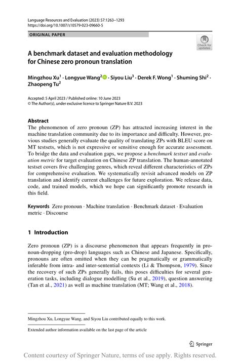 A Benchmark Dataset And Evaluation Methodology For Chinese Zero Pronoun Translation Request Pdf