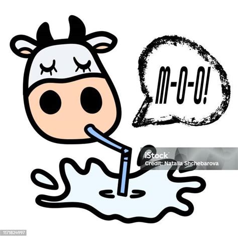 라인 만화 귀여운 홀스타인 암소 빨대와 맛있는 우유를 마시는 손으로 그린 낙서 스타일 연설 거품과 Moo 문자 음료 패키지 음식 포스터 등에 적용 가능 벡터 그림입니다 낙서