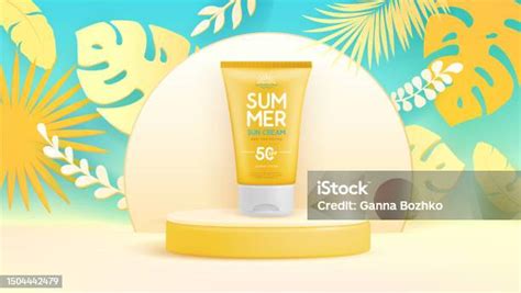 3d 자외선 차단제 튜브와 열대 나뭇잎이 있는 여름 배경 화려한 여름 풍경입니다 벡터 그림 0명에 대한 스톡 벡터 아트 및 기타 이미지 Istock