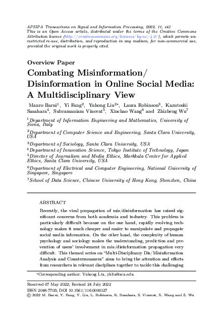 Pdf Combating Misinformation Disinformation In Online Social Media A Multidisciplinary View