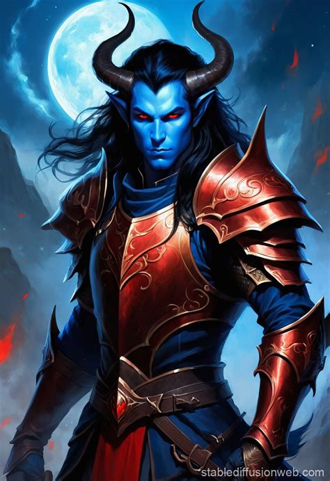 Male Tiefling Knight With Dark Blue Skin And Medium Length Black Hair
