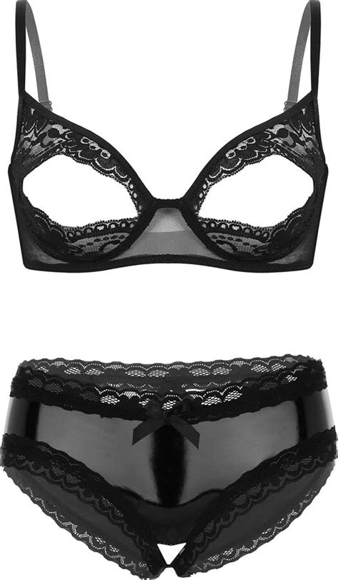 Kaerm Womens Sheer Lace Push Up Unlined Shelf Bra With Briefs Bottoms