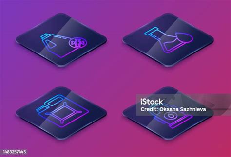 아이소메트릭 라인 부동액 캐니스터 휘발유용 캐니스터 오일 휘발유 시험관 및 휘발유 또는 주유소를 설정합니다 파란색 사각형 버튼입니다 벡터 3차원 형태에 대한 스톡 벡터 아트