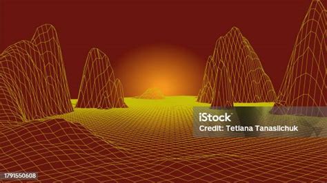 추상 디지털 풍경입니다 와이어 프레임 풍경 배경입니다 3d 미래 벡터 일러스트입니다 0명에 대한 스톡 벡터 아트 및 기타 이미지 0명 1980 1989 년 1990
