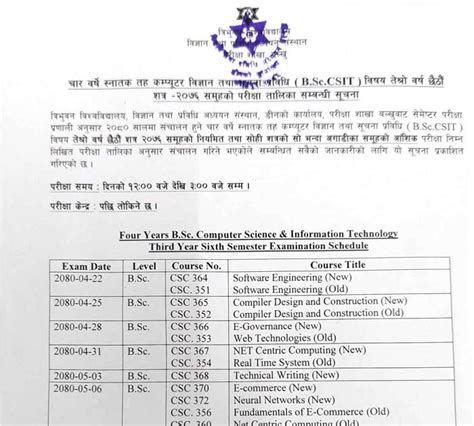 TU Publishes B Sc CSIT Third Year Sixth Semester Exam Routine