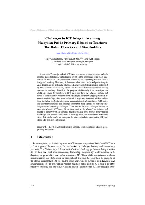 Pdf Challenges In Ict Integration Among Malaysian Public Primary Education Teachers The Roles